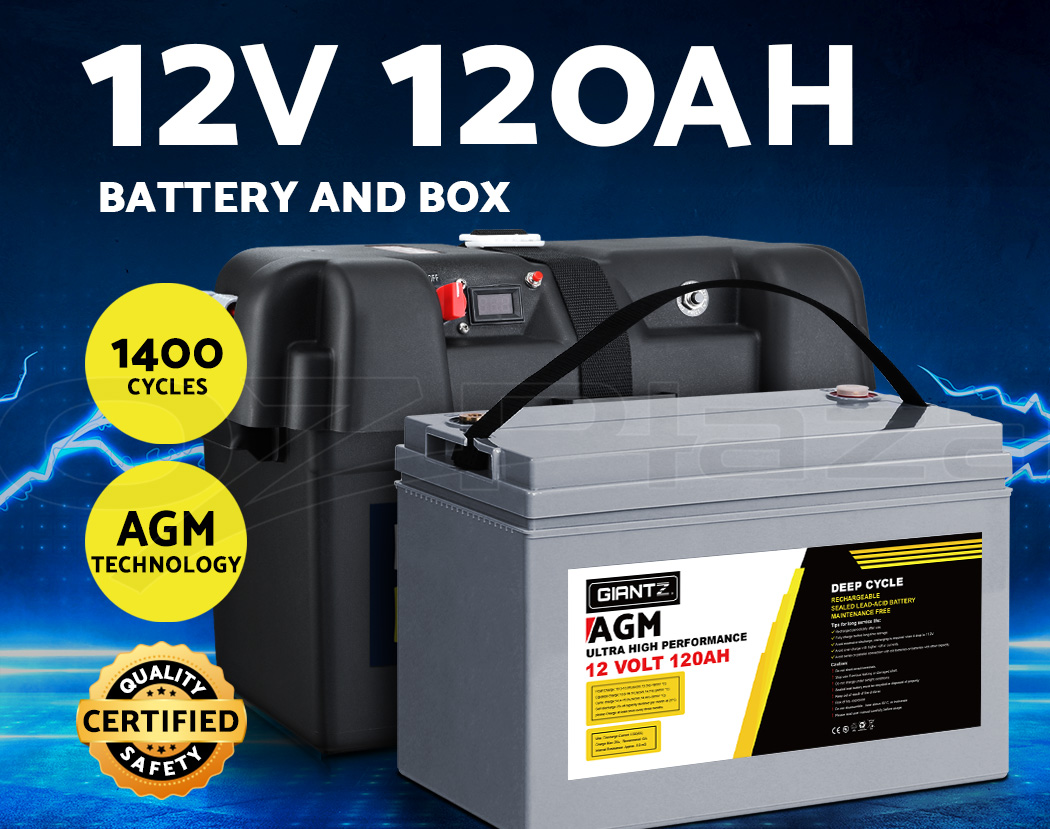 Giantz 120Ah Deep Cycle Battery & Battery Box 12V AGM Marine Sealed ...