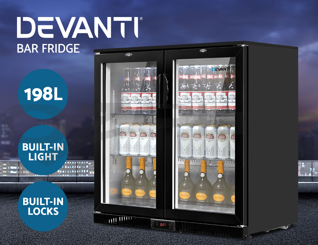 Devanti Bar Fridge 2 Glass Door Mini Freezer Small Wine Beverage ...