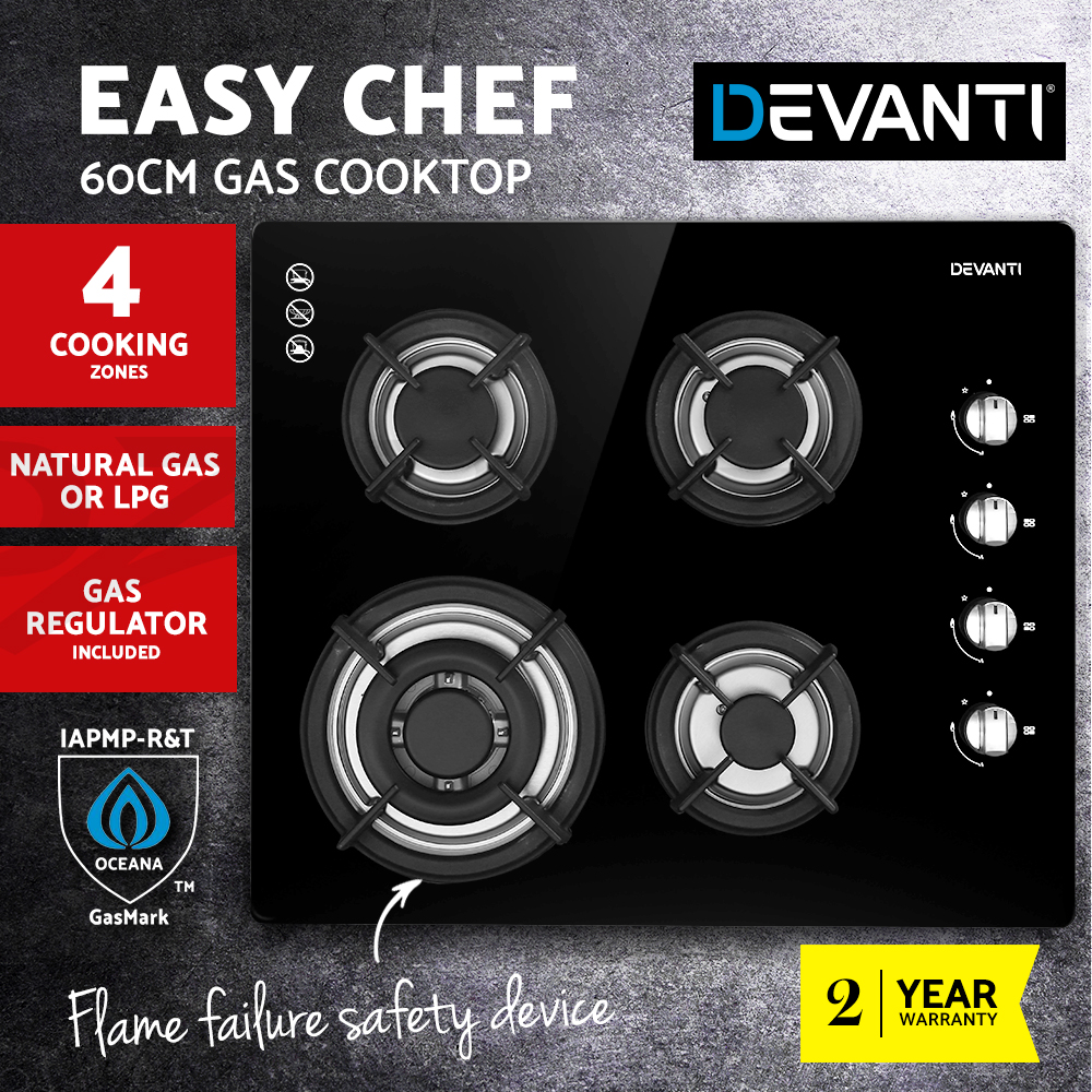 Devanti Gas Cooktop 90cm 60cm Glass Steel Stove Hob Cooker 2/4/5 Burner ...