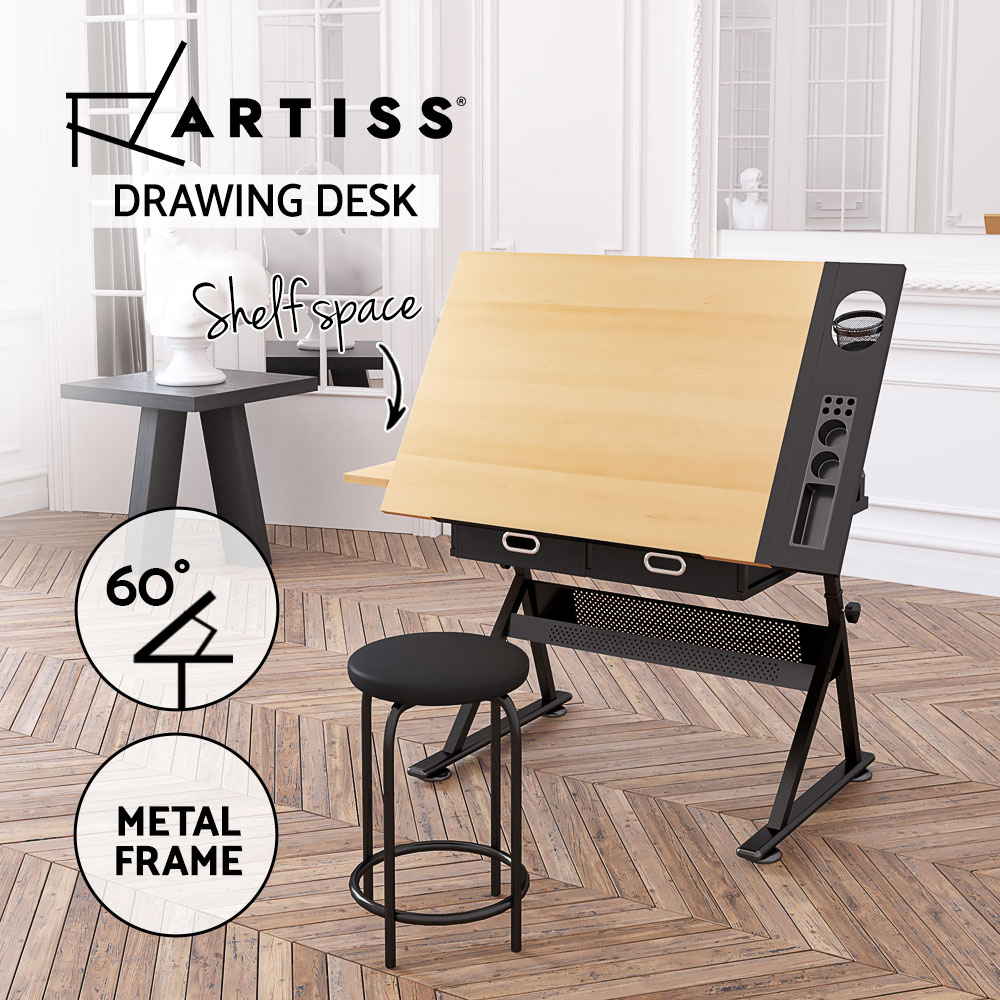 Artiss Drawing Desk Drafting Table Set With Stool Tilt Art Craft Black ...